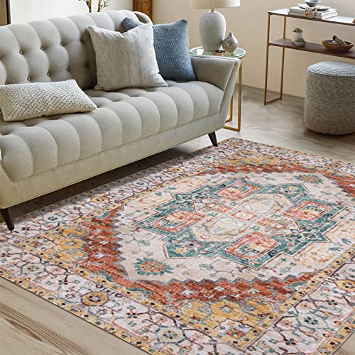 Washable Area Rugs 5x7for Living Room Rugs Machine Washable Non Slip Low-Pile Carpet Distressed Printed Large Area Rug for Living Room Bedroom Indoor