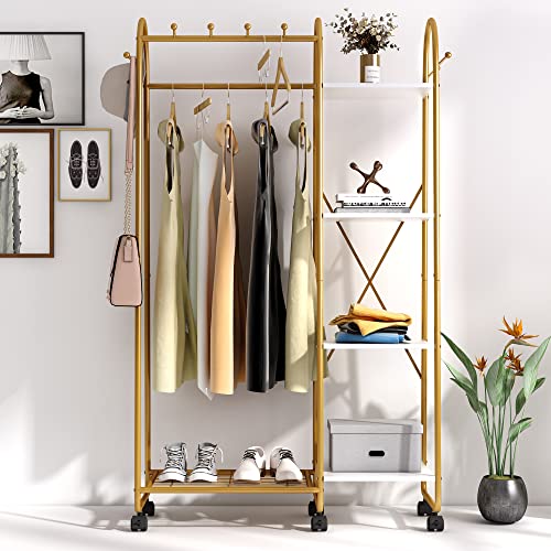 semoic Gold, 4 Tier Rolling Clothes Racks for Hanging Clothes, Double Rod Garment Rack, Sturdy Closet for Bedroom Living Room Entryway