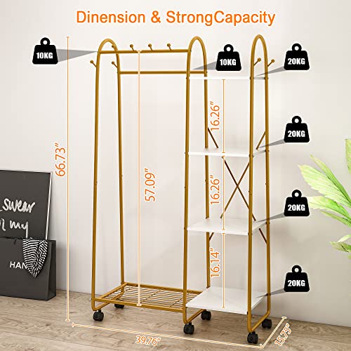 semoic Gold, 4 Tier Rolling Clothes Racks for Hanging Clothes, Double Rod Garment Rack, Sturdy Closet for Bedroom Living Room Entryway