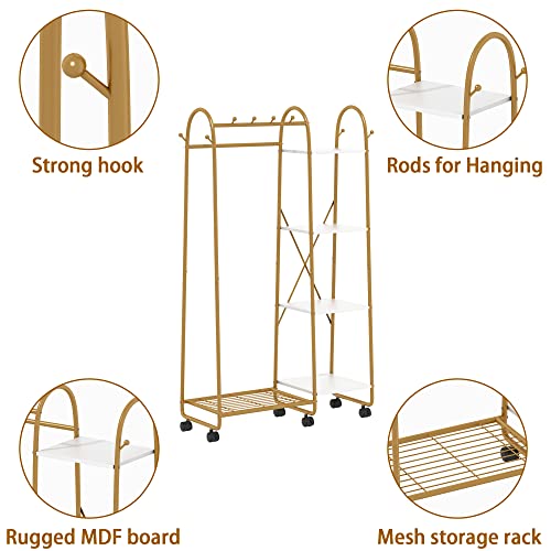 semoic Gold, 4 Tier Rolling Clothes Racks for Hanging Clothes, Double Rod Garment Rack, Sturdy Closet for Bedroom Living Room Entryway