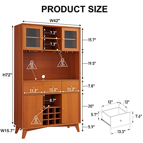 OKD Bar Cabinet, Mid Century Modern Kitchen Hutch Storage Cabinet with Wine and Glass Rack, Storage Shelves, and Drawers, Buffet Sideboard Cabinet for Home Kitchen, Dining Room, Cherry