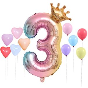 40-Inch Rainbow Gradient Number 3 Crown Balloons Set, 3rd Birthday Decorations, 3rd Birthday Balloons for 3th Anniversary decorations. (birthday balloon 3)