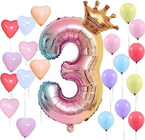 40-Inch Rainbow Gradient Number 3 Crown Balloons Set, 3rd Birthday Decorations, 3rd Birthday Balloons for 3th Anniversary decorations. (birthday balloon 3)