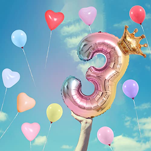 40-Inch Rainbow Gradient Number 3 Crown Balloons Set, 3rd Birthday Decorations, 3rd Birthday Balloons for 3th Anniversary decorations. (birthday balloon 3)