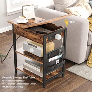 TUTOTAK End Table with Charging Station, Side Table with Storage, Flip Top Bedside Table with USB Ports and Outlets, Nightstand for Small Spaces, Sofa Table TB01BB051