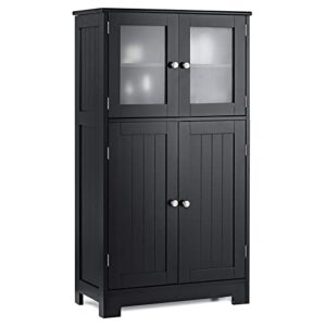 tangkula bathroom floor cabinet, freestanding storage cabinet w/glass doors, wood kitchen cupboard w/adjustable shelf, bathroom storage cabinet for hallway living room office (cabinets, black)