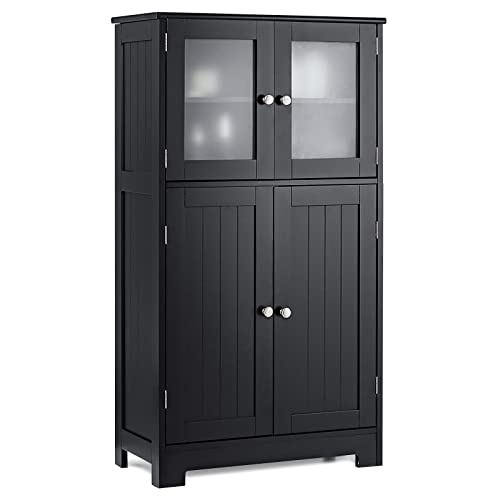 Tangkula Bathroom Floor Cabinet, Freestanding Storage Cabinet w/Glass Doors, Wood Kitchen Cupboard w/Adjustable Shelf, Bathroom Storage Cabinet for Hallway Living Room Office (Cabinets, Black)