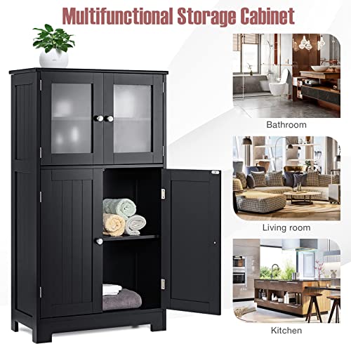 Tangkula Bathroom Floor Cabinet, Freestanding Storage Cabinet w/Glass Doors, Wood Kitchen Cupboard w/Adjustable Shelf, Bathroom Storage Cabinet for Hallway Living Room Office (Cabinets, Black)