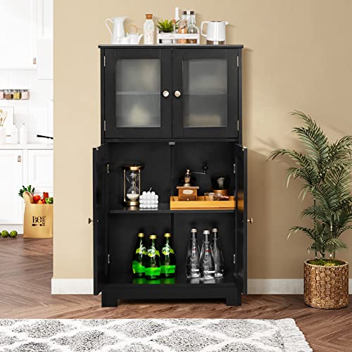 Tangkula Bathroom Floor Cabinet, Freestanding Storage Cabinet w/Glass Doors, Wood Kitchen Cupboard w/Adjustable Shelf, Bathroom Storage Cabinet for Hallway Living Room Office (Cabinets, Black)