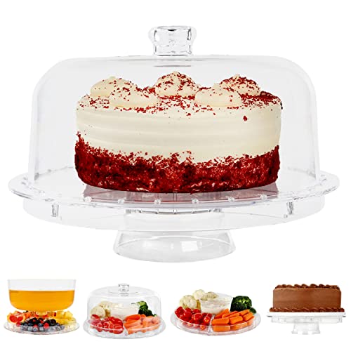 7Penn Clear Acrylic Cake Stand with Dome Cover Lid - 12in Multi-Function Cake Plate Serving Platter and Punch Bowl Set