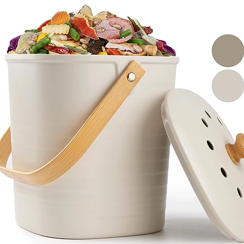 Yatmung Compost Bin Kitchen, Countertop Compost Bin, Compost Bucket Made of Bamboo Fiber, Small Compost Bin with Charcoal Filter, Cream