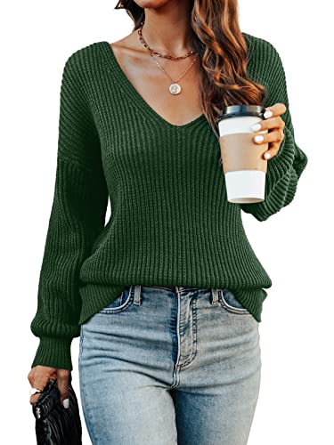 CUPSHE Women's Casual V Neck Sweater Fall Knit Oversize Fitted Pullover with Long Sleeves, Green S