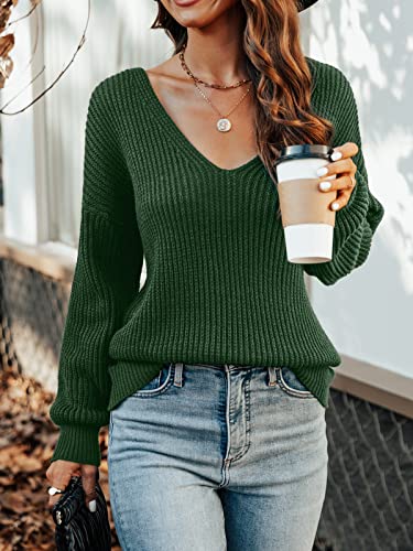 CUPSHE Women's Casual V Neck Sweater Fall Knit Oversize Fitted Pullover with Long Sleeves, Green S