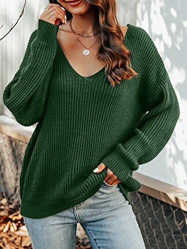 CUPSHE Women's Casual V Neck Sweater Fall Knit Oversize Fitted Pullover with Long Sleeves, Green S