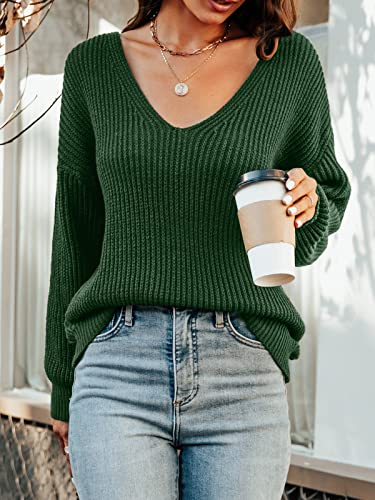 CUPSHE Women's Casual V Neck Sweater Fall Knit Oversize Fitted Pullover with Long Sleeves, Green S