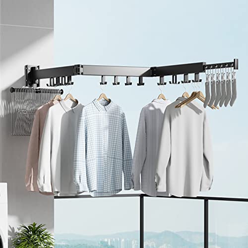 BONYCUST 3 Fold Retractable Clothes Drying Rack, Wall Mounted Clothes Hanger Collapsible with Storage Lever for Balcony, Bathroom, Patio,Laundry (Black)