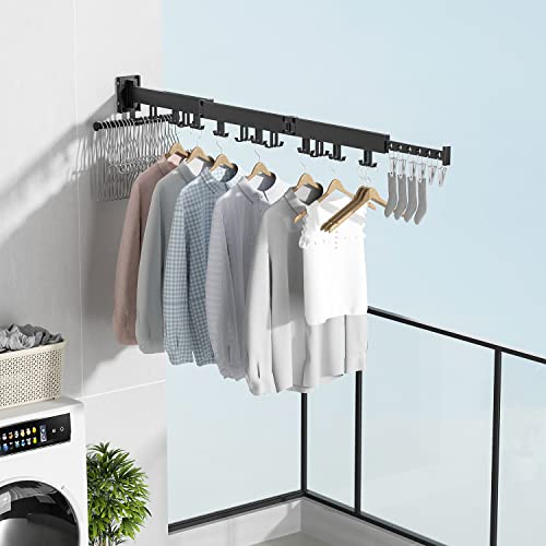 BONYCUST 3 Fold Retractable Clothes Drying Rack, Wall Mounted Clothes Hanger Collapsible with Storage Lever for Balcony, Bathroom, Patio,Laundry (Black)