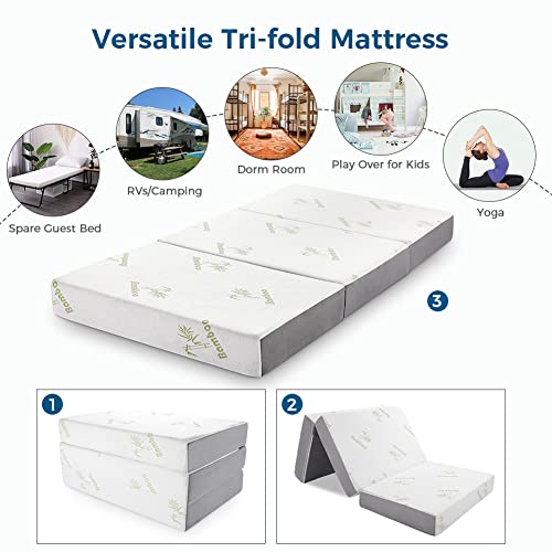 Inofia Folding Mattress, 4 Inch Memory Foam Trifold Mattress with Ultra Soft Bamboo Cover, Non-Slip Bottom & Breathable Mesh Sides - Foldable Guest Mattress, Cot Size (75" x 31" x 4")