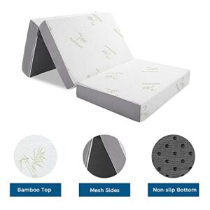 Inofia Folding Mattress, 4 Inch Memory Foam Trifold Mattress with Ultra Soft Bamboo Cover, Non-Slip Bottom & Breathable Mesh Sides - Foldable Guest Mattress, Cot Size (75" x 31" x 4")