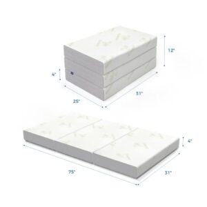 Inofia Folding Mattress, 4 Inch Memory Foam Trifold Mattress with Ultra Soft Bamboo Cover, Non-Slip Bottom & Breathable Mesh Sides - Foldable Guest Mattress, Cot Size (75" x 31" x 4")