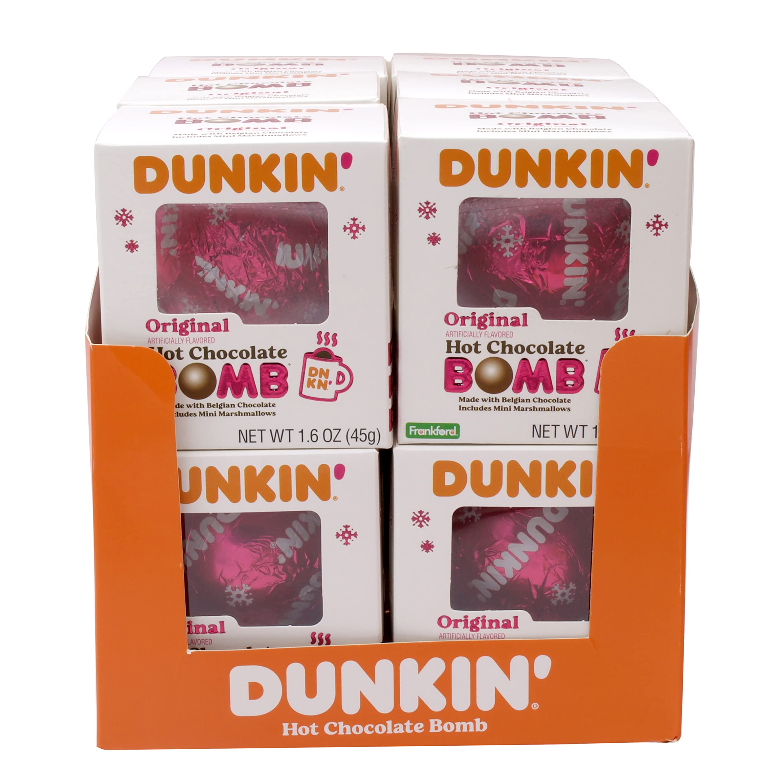 Dunkin Original Hot Chocolate BOMB, 12 Pack, Melting Belgian Milk Chocolate Ball Filled with Mini Marshmallows, Pack of 12 Hot Cocoa Treats by Frankford Candy