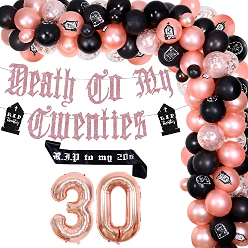 kreat4joy Rip Twenties 30th Birthday Party Decorations for Women, Black and Rose Gold Balloon Garland Death to My Twenties Banner Rip to My 20s Sash Number 30 Foil Balloons for 30th Birthday Party