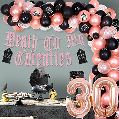 kreat4joy Rip Twenties 30th Birthday Party Decorations for Women, Black and Rose Gold Balloon Garland Death to My Twenties Banner Rip to My 20s Sash Number 30 Foil Balloons for 30th Birthday Party