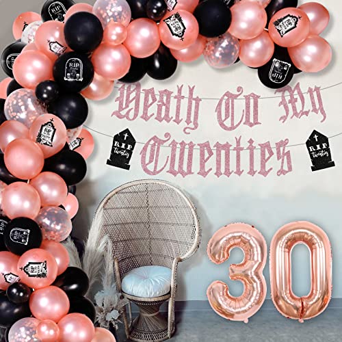 kreat4joy Rip Twenties 30th Birthday Party Decorations for Women, Black and Rose Gold Balloon Garland Death to My Twenties Banner Rip to My 20s Sash Number 30 Foil Balloons for 30th Birthday Party