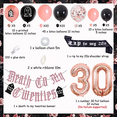 kreat4joy Rip Twenties 30th Birthday Party Decorations for Women, Black and Rose Gold Balloon Garland Death to My Twenties Banner Rip to My 20s Sash Number 30 Foil Balloons for 30th Birthday Party