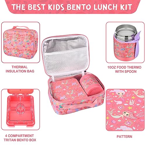 Bento Lunch Box Set With 10oz Soup Thermo, Leak-proof Lunch Containers with 4 Compartment, Kids Hot Thermo Food Jar/Insulation Lunch Bag, Food Containers for School（Mermaid）