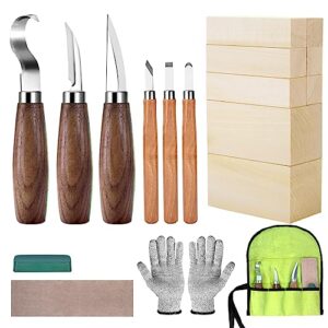 wood whittling kit for beginners kids and adults,wood carving kit set with 8pcs basswood carving blocks,wood carving tools gift include 6pcs whittling knife,gloves,roll bag,sharpener for widdling kit