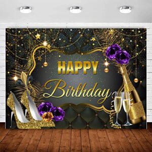 inmemory black and gold happy birthday backdrop banner for women sequin high heel champagne purple bday photography background for adult queen birthday party decor supplies photo booth backdrops 5x3ft