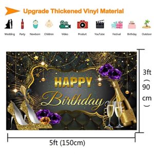 InMemory Black and Gold Happy Birthday Backdrop Banner for Women Sequin High Heel Champagne Purple Bday Photography Background for Adult Queen Birthday Party Decor Supplies Photo Booth Backdrops 5x3ft