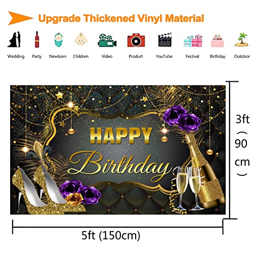 InMemory Black and Gold Happy Birthday Backdrop Banner for Women Sequin High Heel Champagne Purple Bday Photography Background for Adult Queen Birthday Party Decor Supplies Photo Booth Backdrops 5x3ft