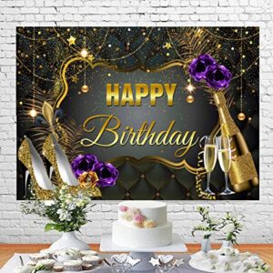 InMemory Black and Gold Happy Birthday Backdrop Banner for Women Sequin High Heel Champagne Purple Bday Photography Background for Adult Queen Birthday Party Decor Supplies Photo Booth Backdrops 5x3ft