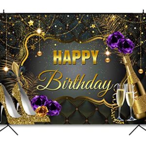 InMemory Black and Gold Happy Birthday Backdrop Banner for Women Sequin High Heel Champagne Purple Bday Photography Background for Adult Queen Birthday Party Decor Supplies Photo Booth Backdrops 5x3ft