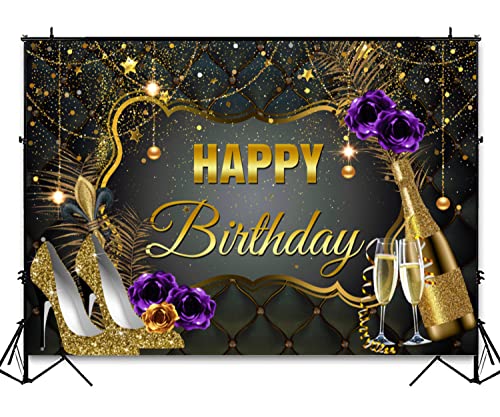 InMemory Black and Gold Happy Birthday Backdrop Banner for Women Sequin High Heel Champagne Purple Bday Photography Background for Adult Queen Birthday Party Decor Supplies Photo Booth Backdrops 5x3ft