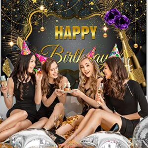 InMemory Black and Gold Happy Birthday Backdrop Banner for Women Sequin High Heel Champagne Purple Bday Photography Background for Adult Queen Birthday Party Decor Supplies Photo Booth Backdrops 5x3ft