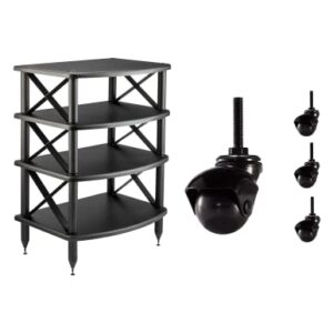 Pangea Audio Vulcan Rack and Casters Bundle Carbon Fiber Vinyl X-Brace Four Shelf Audio Rack Media Stand Components Cabinet and Casters Set of 4