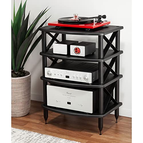 Pangea Audio Vulcan Rack and Casters Bundle Carbon Fiber Vinyl X-Brace Four Shelf Audio Rack Media Stand Components Cabinet and Casters Set of 4