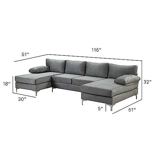 Casa AndreaMilano Modern Large Velvet Fabric U-Shape Sectional Sofa, Double Extra Wide Chaise Lounge Couch