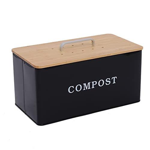 Gdfjiy Compost Bin Kitchen, Indoor Compost Bucket, Rectangle Compost Bin with Wooden Lid, 2 Gallon Capacity for Home Compost Tumbler, Kitchen Waste Garbage Can, Includes 4 Charcoal Filters (Black)