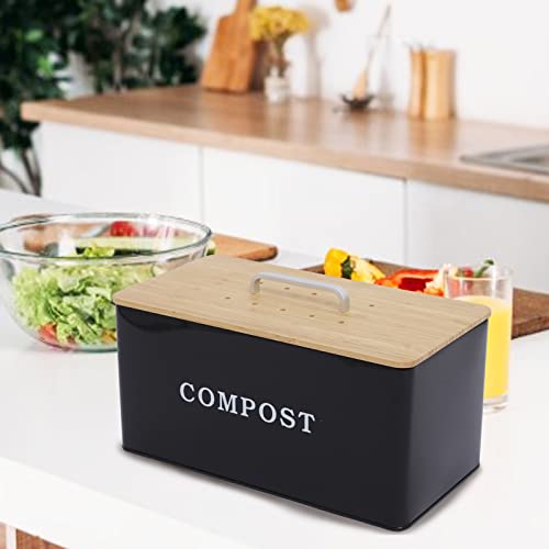 Gdfjiy Compost Bin Kitchen, Indoor Compost Bucket, Rectangle Compost Bin with Wooden Lid, 2 Gallon Capacity for Home Compost Tumbler, Kitchen Waste Garbage Can, Includes 4 Charcoal Filters (Black)