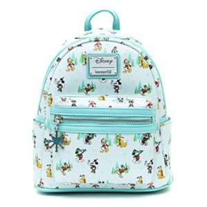 loungefly disney classics, disney holiday sensational six mini backpack, mickey mouse minnie donald daisy goofy pluto