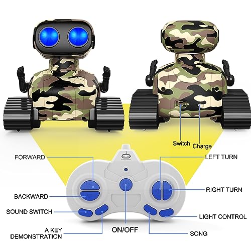 WeWi HLTH Robot Toys, Rechargeable RC Robots for Boys, RC Robot Toys for Kids, Kids Toys with Music and LED Eyes, 3+ Years Old Boys/Girls Toys (Camo Yellow)