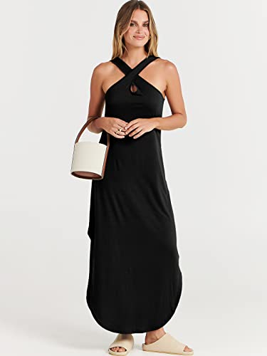 ANRABESS Women's Casual Loose Sleeveless Beach Dress Criss Cross Slit Maxi Sun Dresses 2023 Fashion Vacation Outfits Summer Clothes Resort Cruise Wear A453heise-XL Black