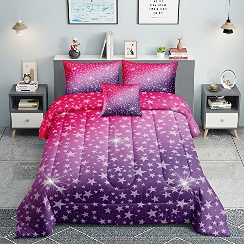 ROWADALO 5 Pieces Purple Glitter Comforter Set Twin Size Galaxy Starry Sky Bedding Sets 5 Pieces Bed in A Bag for Kids Teen Girls Ultra Soft All-Season Girls Sparkles Comforter Set,DJT-GB5005 Twin