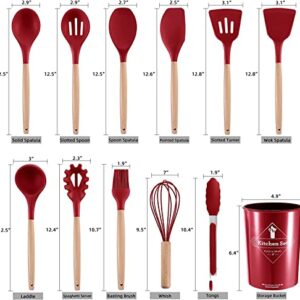 Kitchenware Set wood and silicone 12-piece non-stick frying cooking baking utensils (BPA Free) (Red)