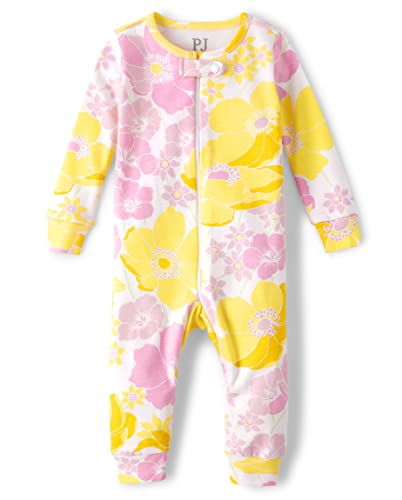 The Children's Place Baby Girls' and Toddler Long Sleeve 100% Cotton Zip-Front One Piece Pajama, Pink/Yellow Floral, 0-3 Months