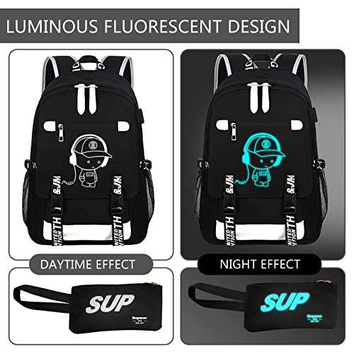 XIASUAR Luminous Pattern Travel Laptop Backpack - Adjustable Shoulder Strap Waterproof Black Backpack With Usb Charging Port & Headphone Port School Backpack Includes Pencil Bag,combination Lock